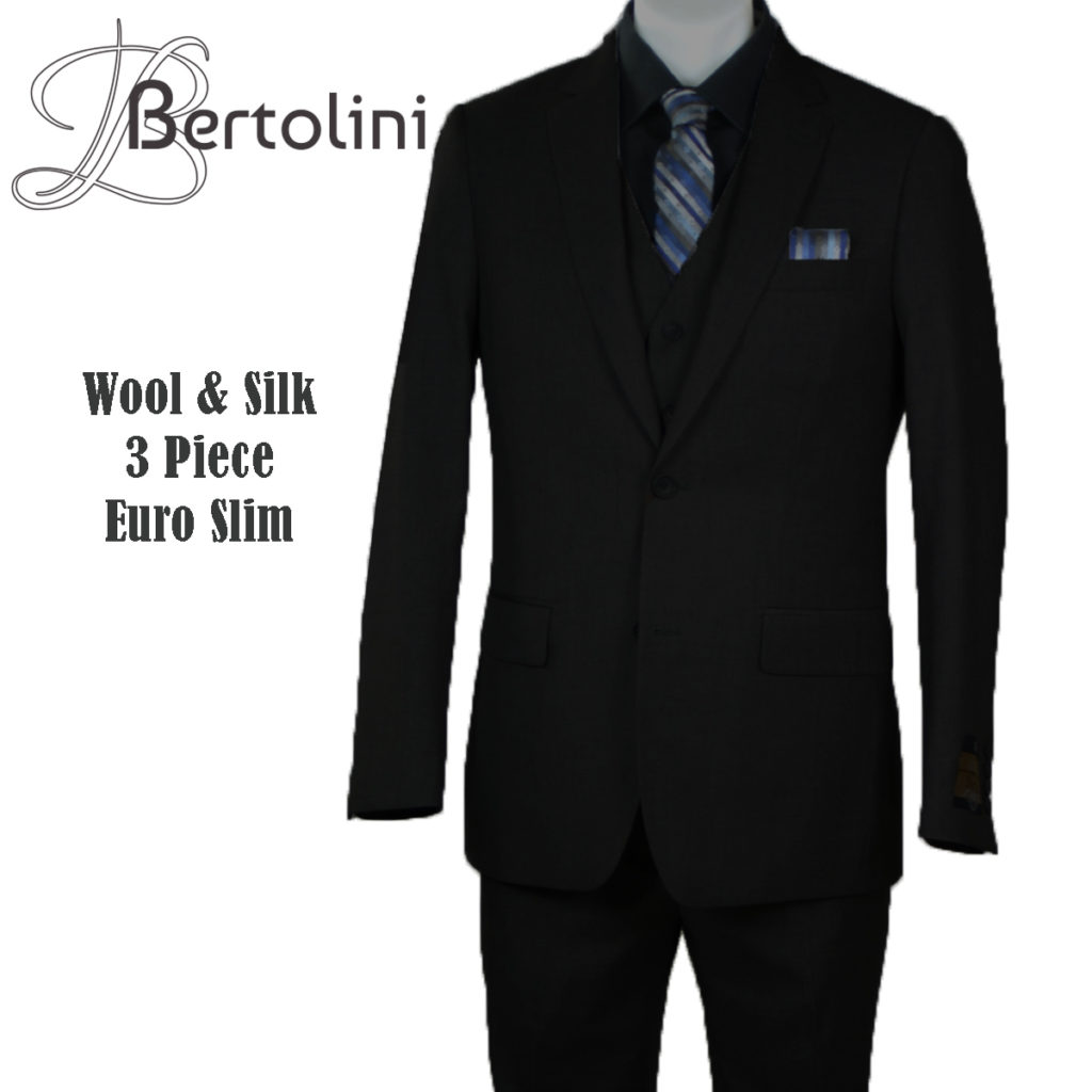 Bertolini 3Pc Wool & Silk Solid Black Suit in CA- Moda Italy Fashion